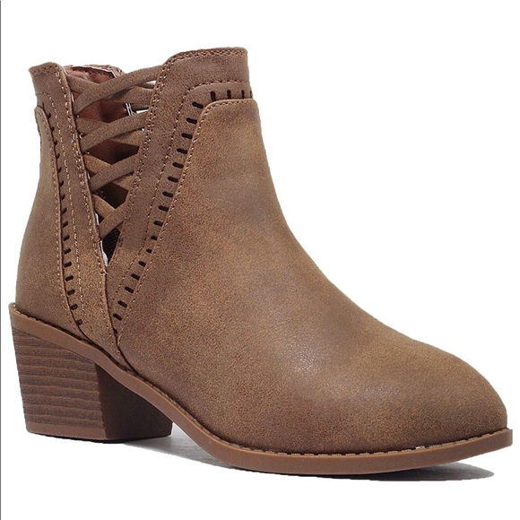 Shoes | Restock Tan Criss Cross V Cut Booties | Poshmark